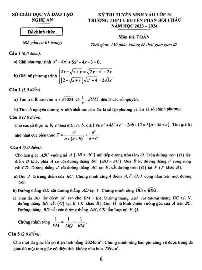 De Thi Vao Lop 10 Mon Toan Nam 2023 2024 Truong Chuyen Phan Boi Chau Nghe An | PDF