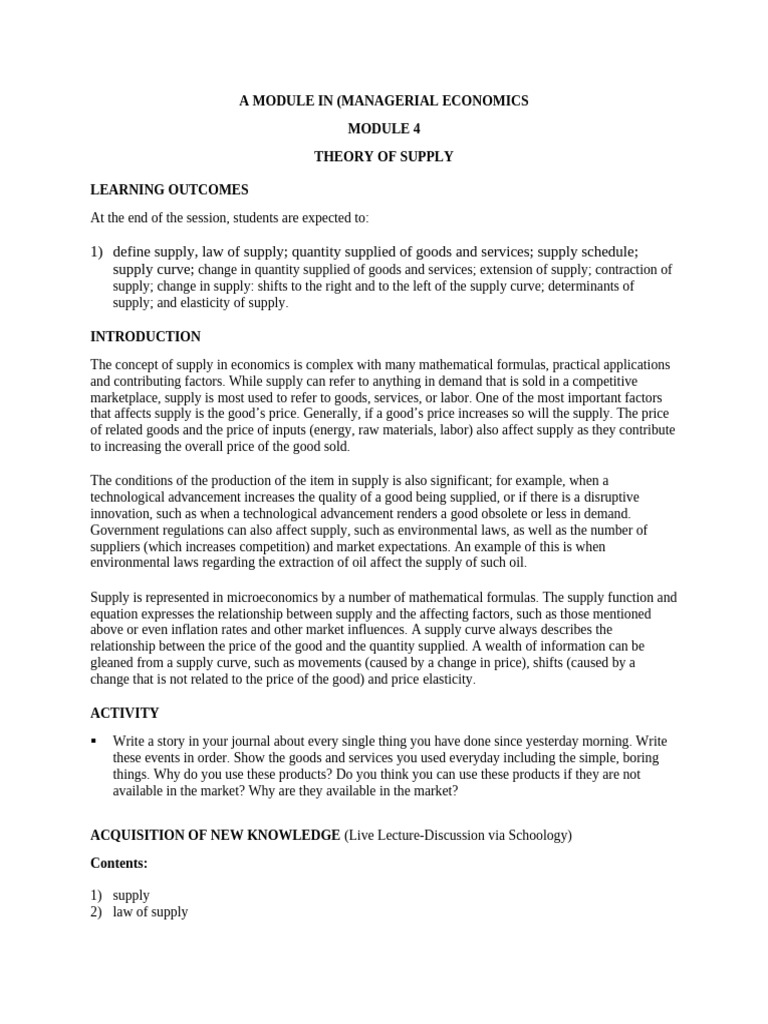 Module 4-(AEC 112) Theory of Supply | PDF | Supply (Economics) | Demand