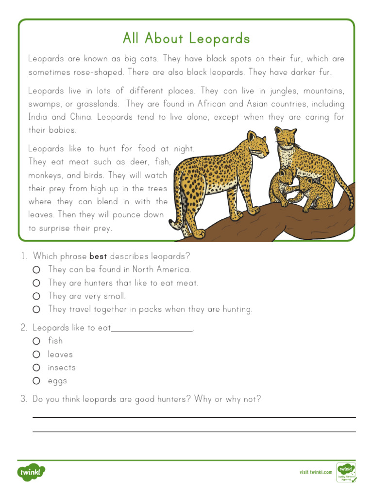 All About Leopards Reading Passage Comprehension Activity | PDF