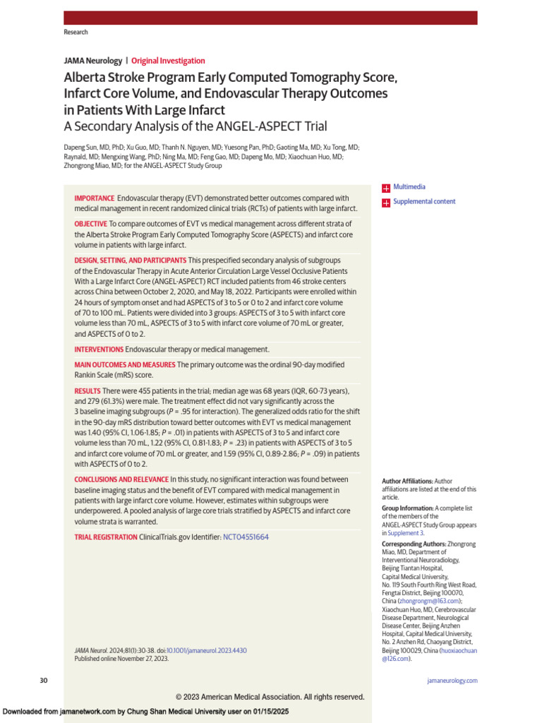 Alberta Stroke Program Early Computed Tomography Score, Infarct Core ...