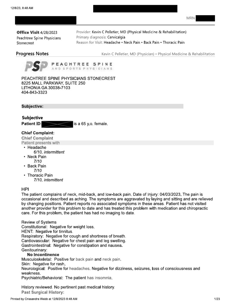 Exhibit 4 - Peachtree Spine Physicians - Records | PDF | Back Pain | Vertebral Column