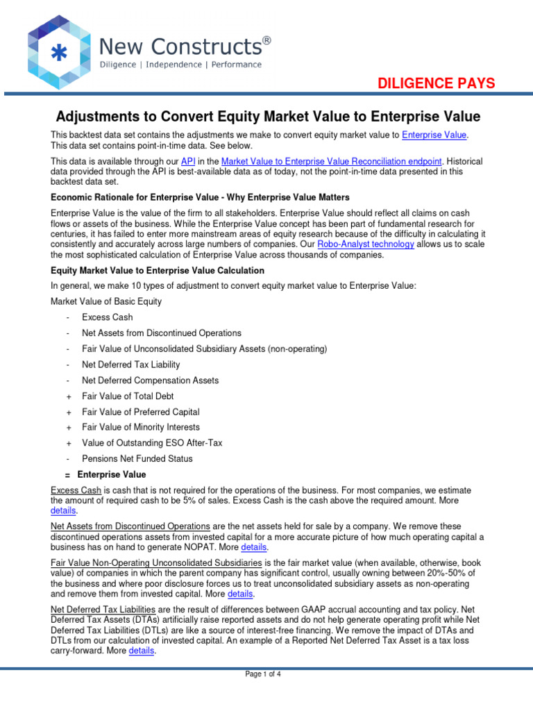 New Constructs Adjustments To Convert Equity Market Value To Enterprise ...