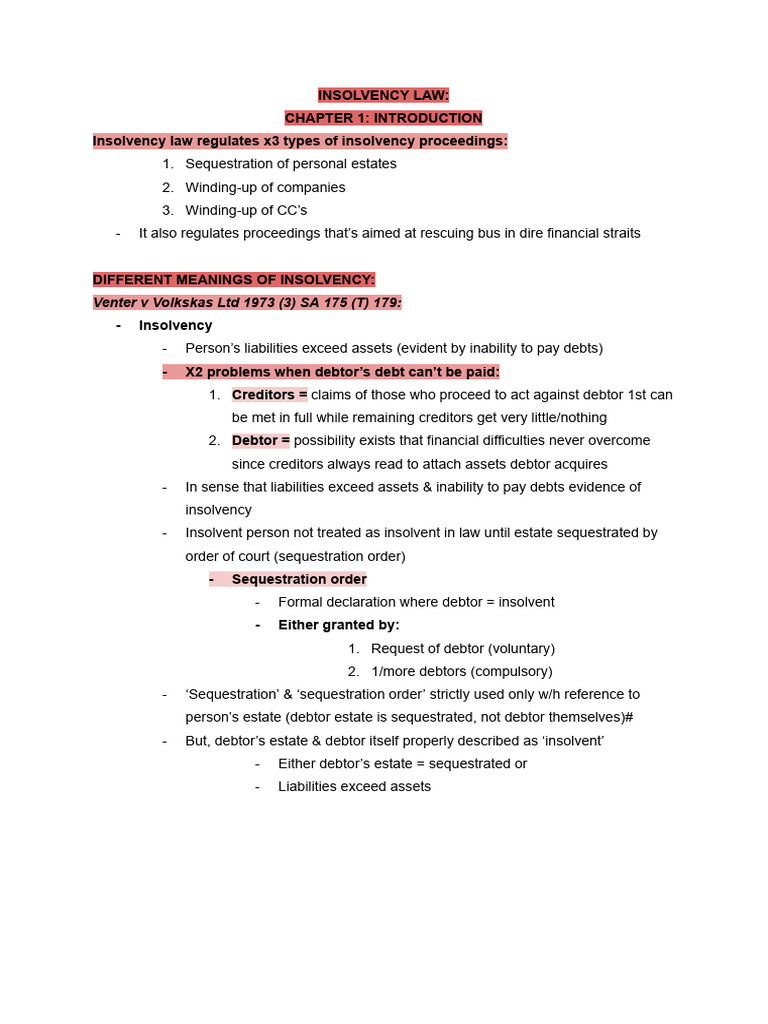 INSOLVENCY LAW Chapter 1 | PDF | Bankruptcy | Insolvency