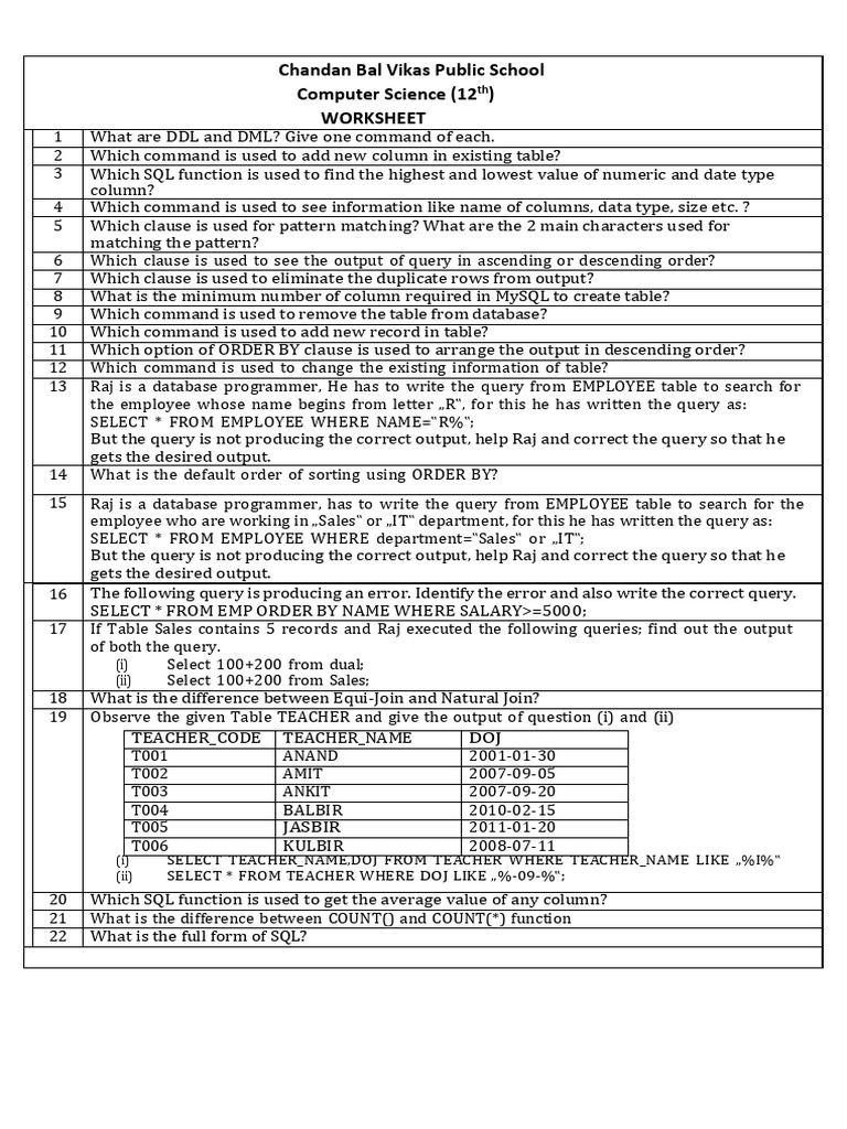 12th Class Worksheet | PDF | Table (Database) | Databases