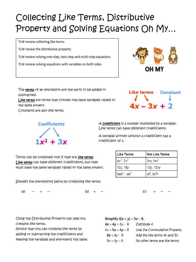 Collecting Like Terms Distributive Property Solving Equations Packet ...