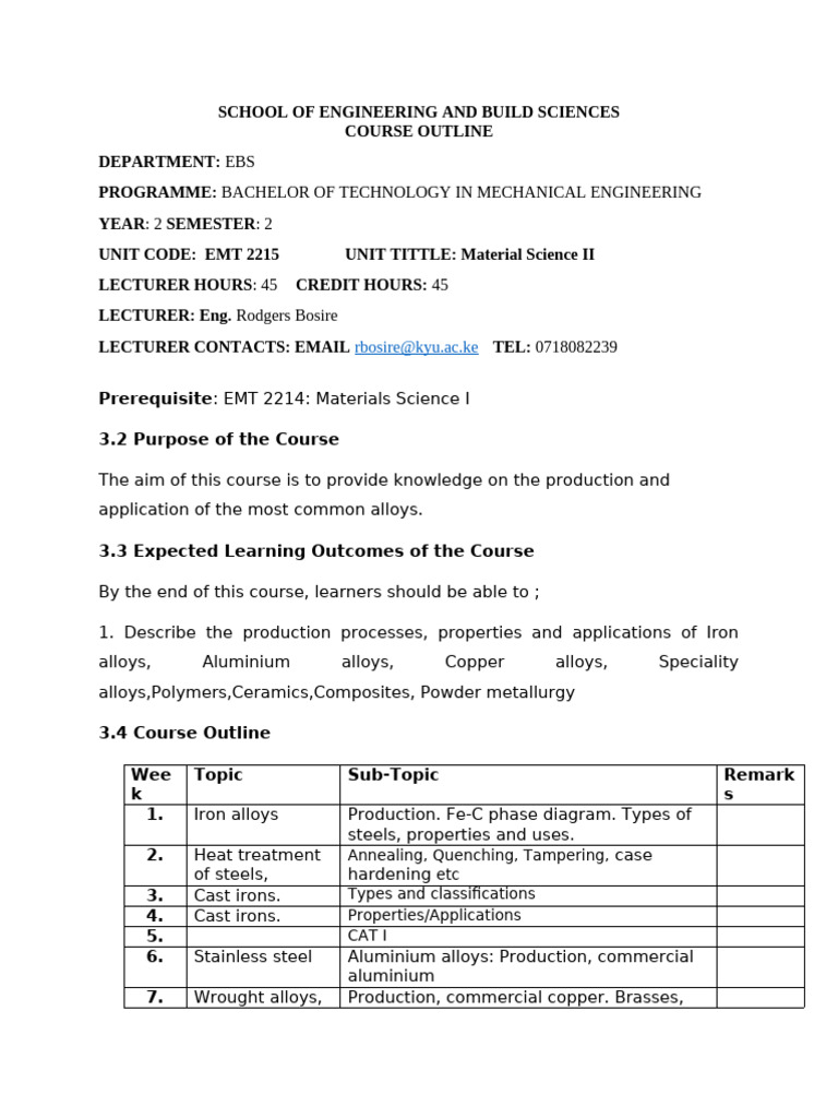Material Science II Course Outline | PDF | Alloy | Steel