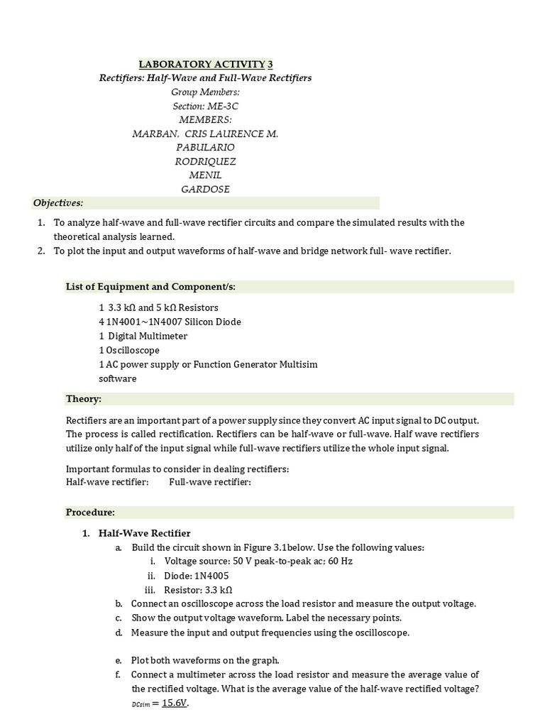 LABORATORY ACTIVITY 3 | PDF | Rectifier | Alternating Current