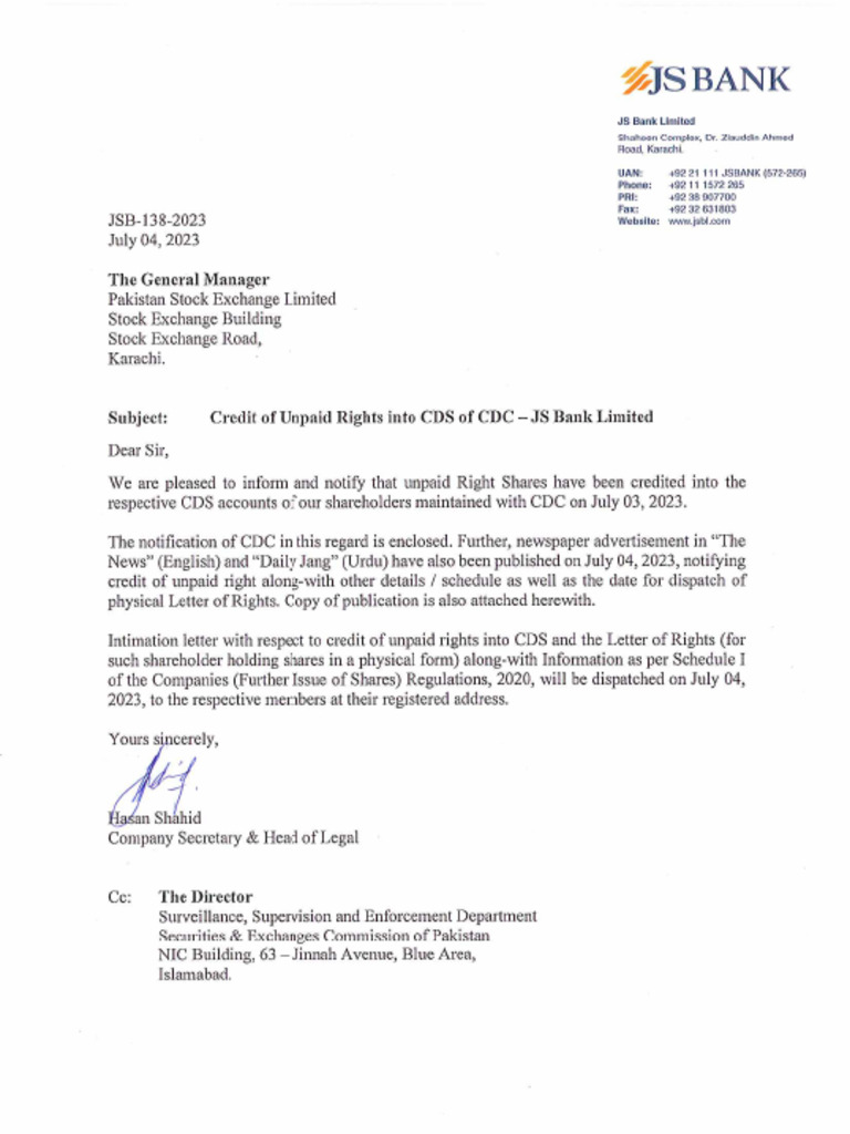 JSBL Unpaid Right Shares | PDF