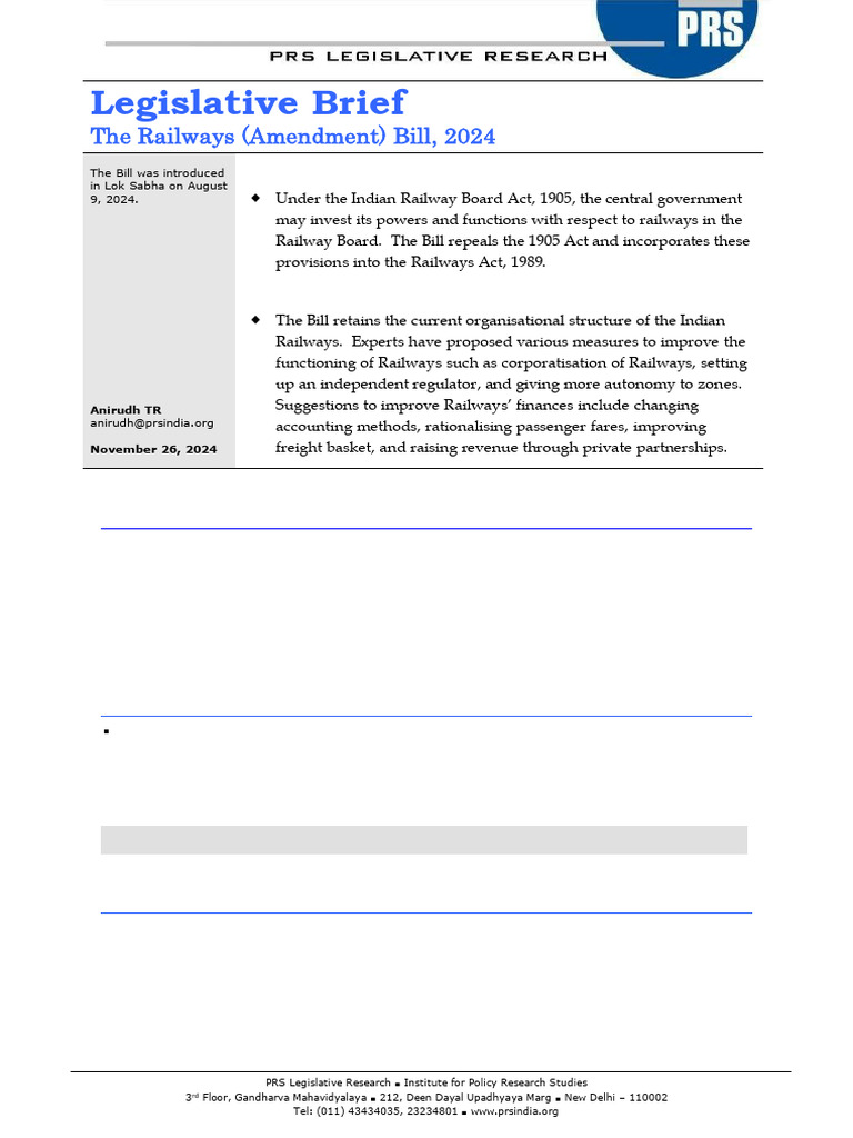 Legislative Brief-Railways (Amendment) Bill 2024 | PDF | Rail Transport ...