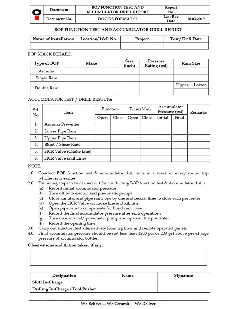BOP Function Test & Accumulator Report | PDF | Energy Technology | Plumbing