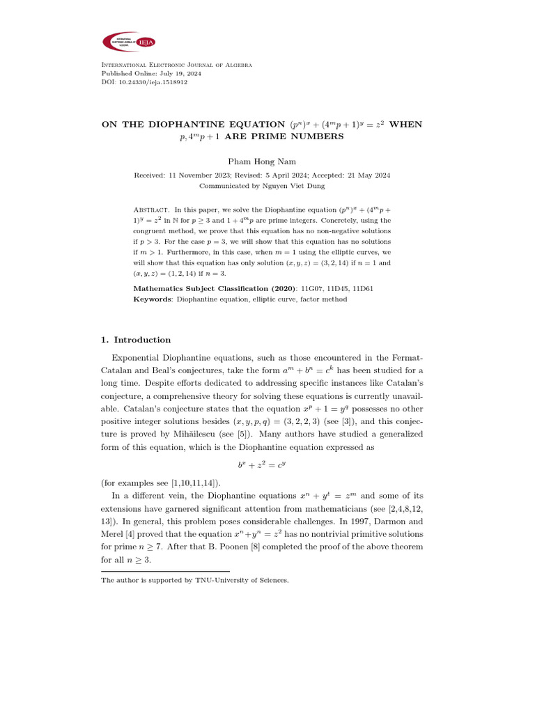 Diophantine Equation Solutions with Primes | PDF | Equations | Prime Number