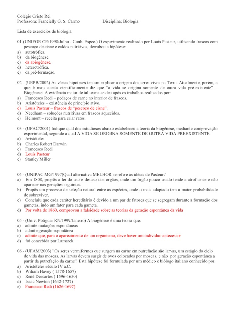 Origem Da Vida Exercicios Origem Da Vida Exercicios