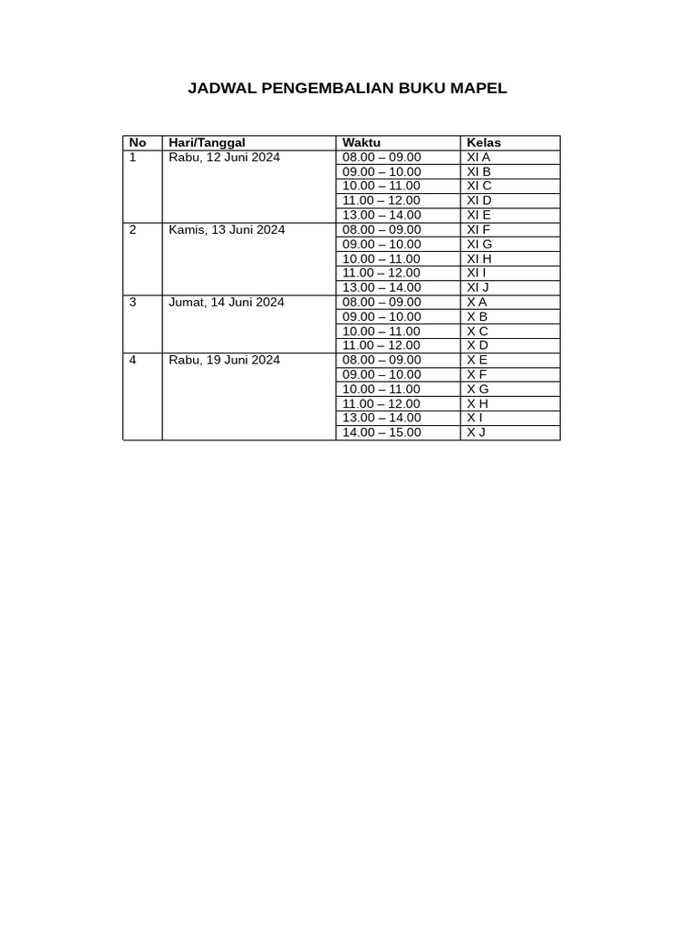 Jadwal Pengembalian Buku Mapel | PDF
