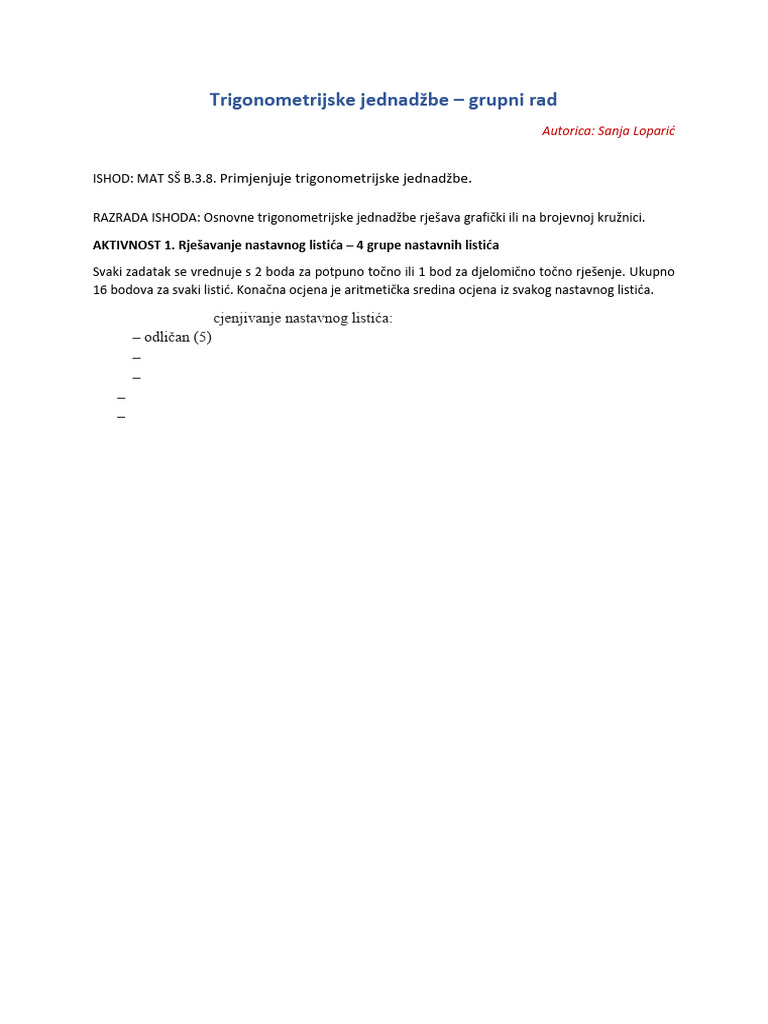 2.trigonometrijske Jednadzbe Grupni Rad | PDF