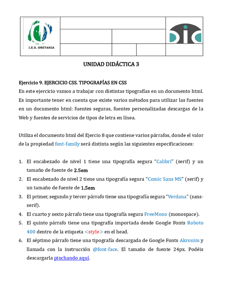Ejercicio UD3-9 (Tipografias en CSS) | PDF