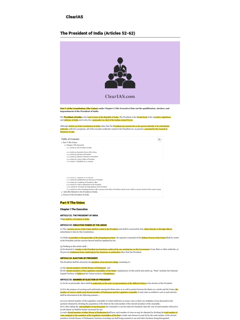 Articles 52-62: President of India | PDF | Pardon | Presidents Of The ...