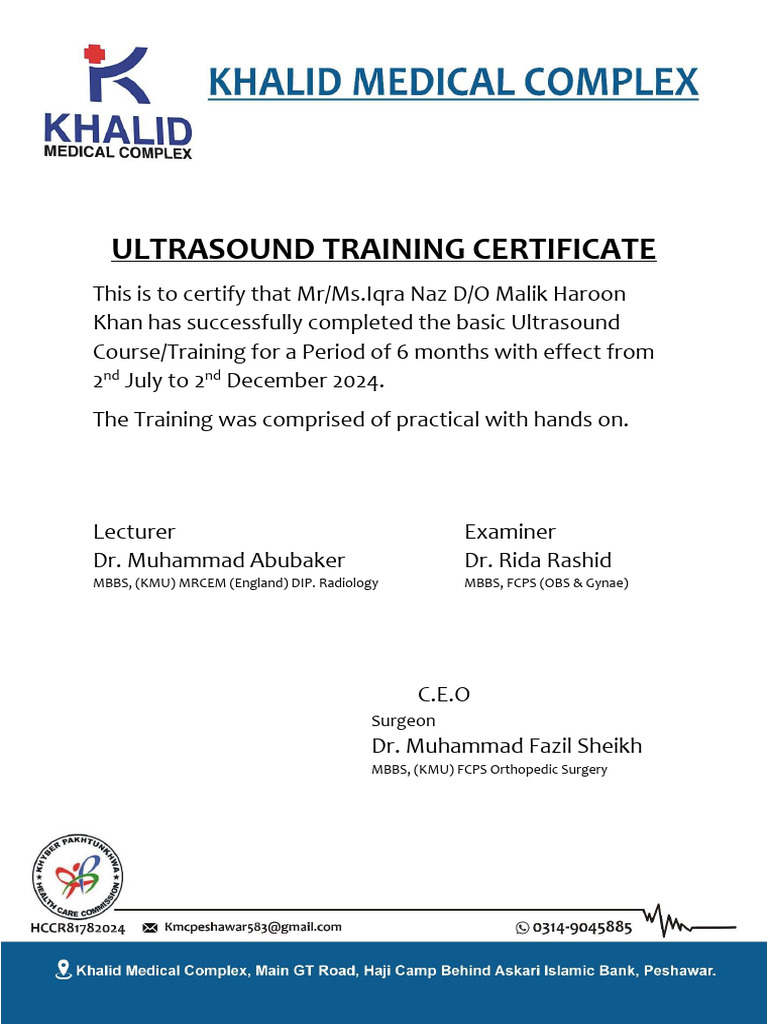 Ultrasound Training Certificate 1 | PDF | Medicine | Health Care