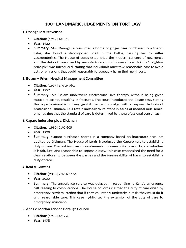 Landmark Tort Law Cases Overview | PDF | Negligence | Duty Of Care