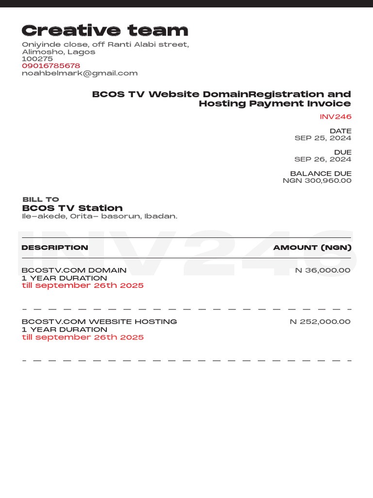 BCOS TV Website Domain Registration and Hosting Payment Invoice | PDF