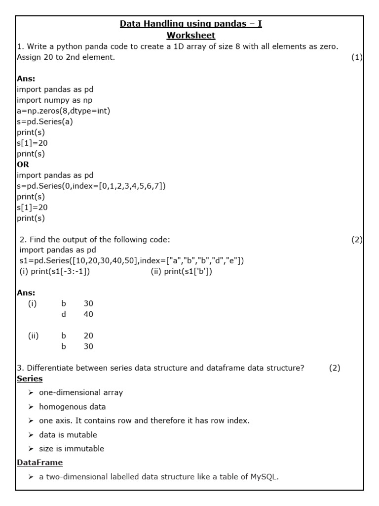 Data Handling Using Pandas I Q And Ans 1 Pdf Computing Computer 1333