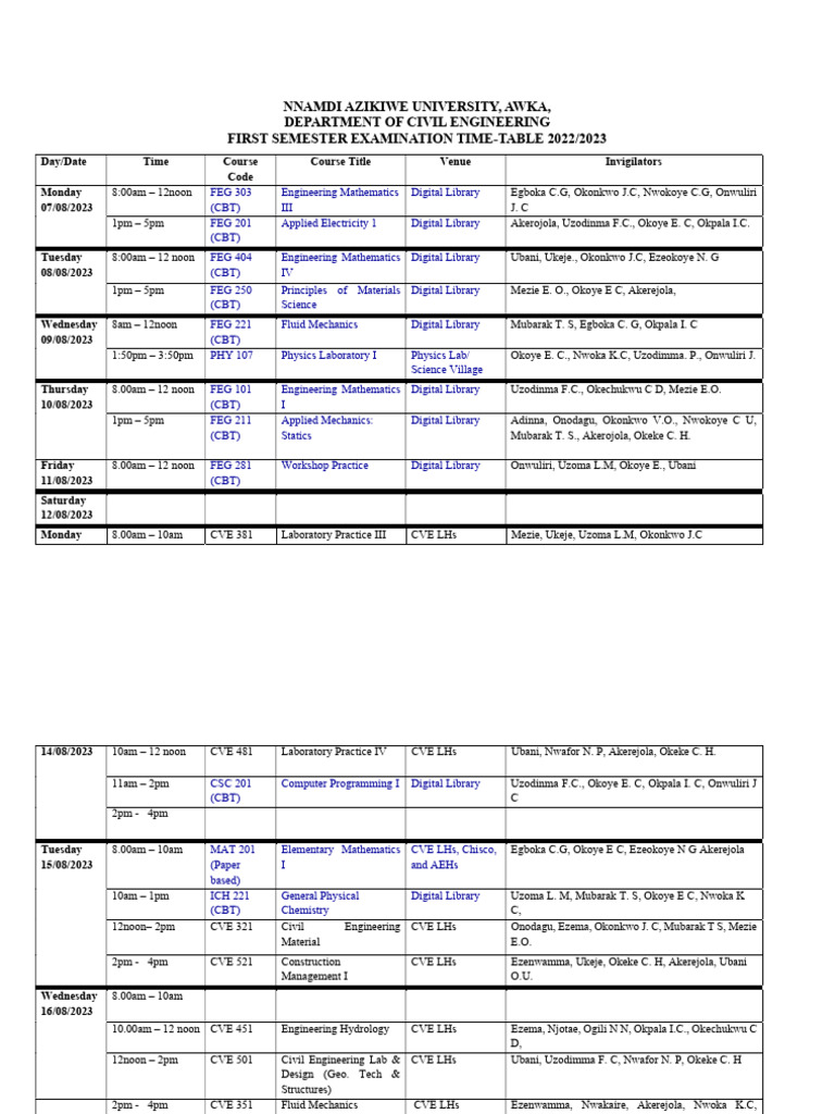 Cve 2022-2023 First Semester Exam Timetable | PDF | Engineering | Physical Sciences