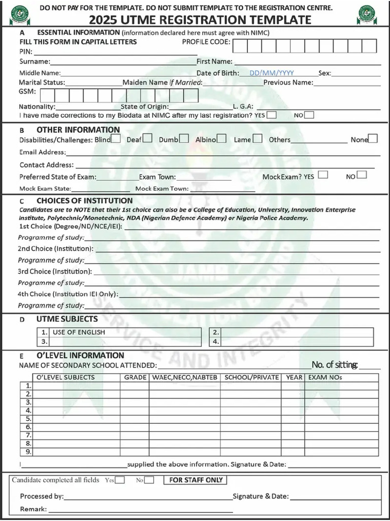 Utme 2025 Registration Template | PDF