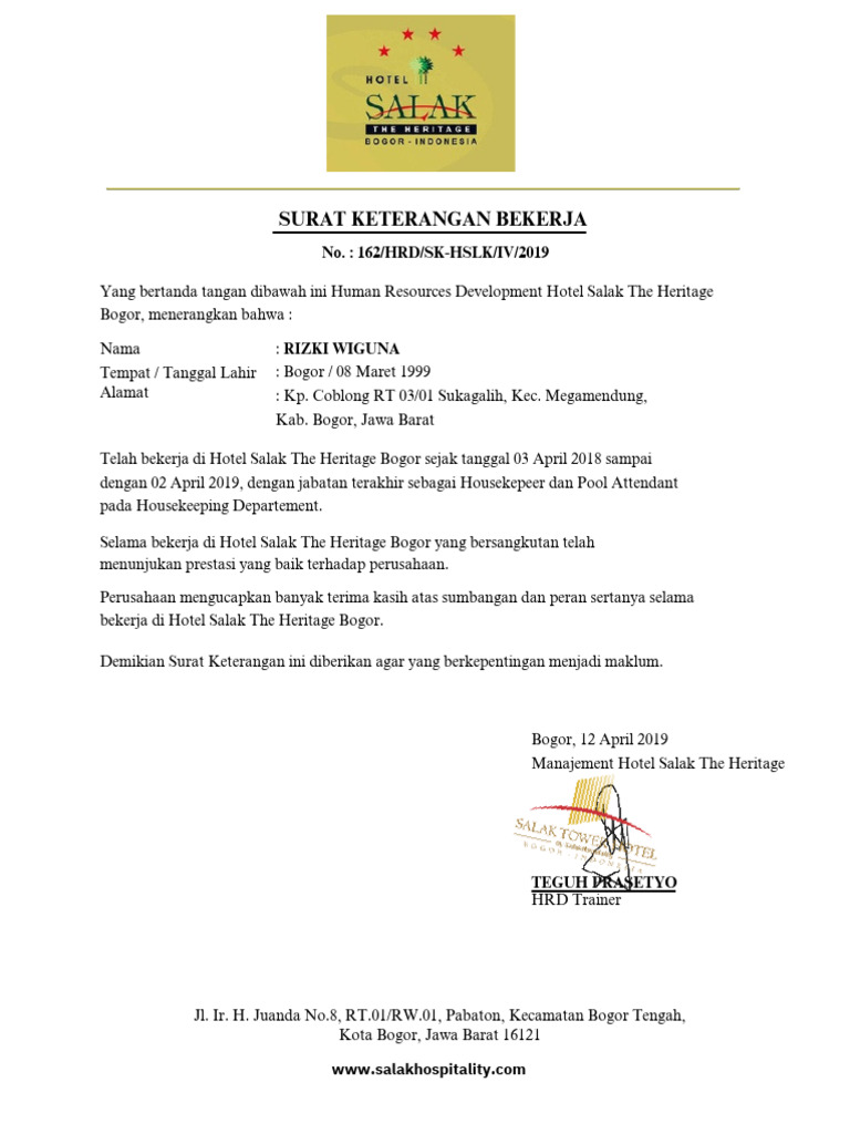 Paklaring Hotel Rizki PDF | PDF