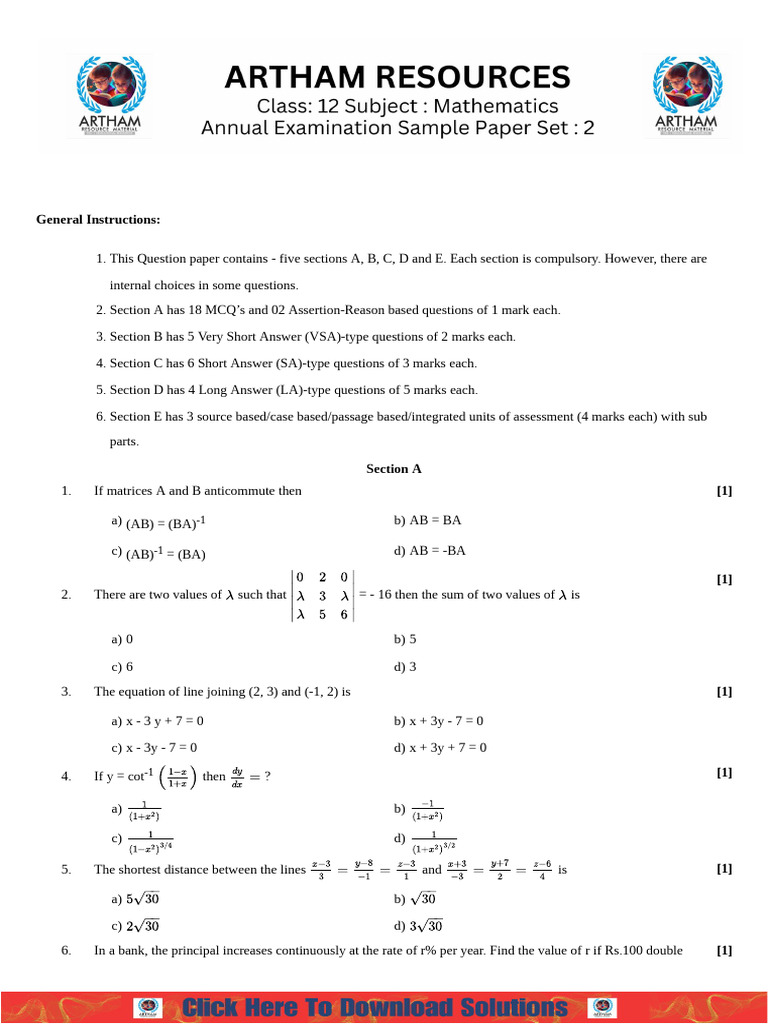 Set_of_15_Sample_Papers_with_Solutions_&_Blueprint_for_Class_12 Mathematics 2024 set 2 | PDF ...