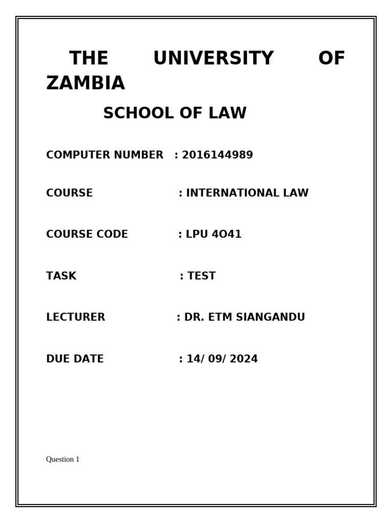 Joseph Katongo Lpu 4041 Test | PDF | International Law | State (Polity)