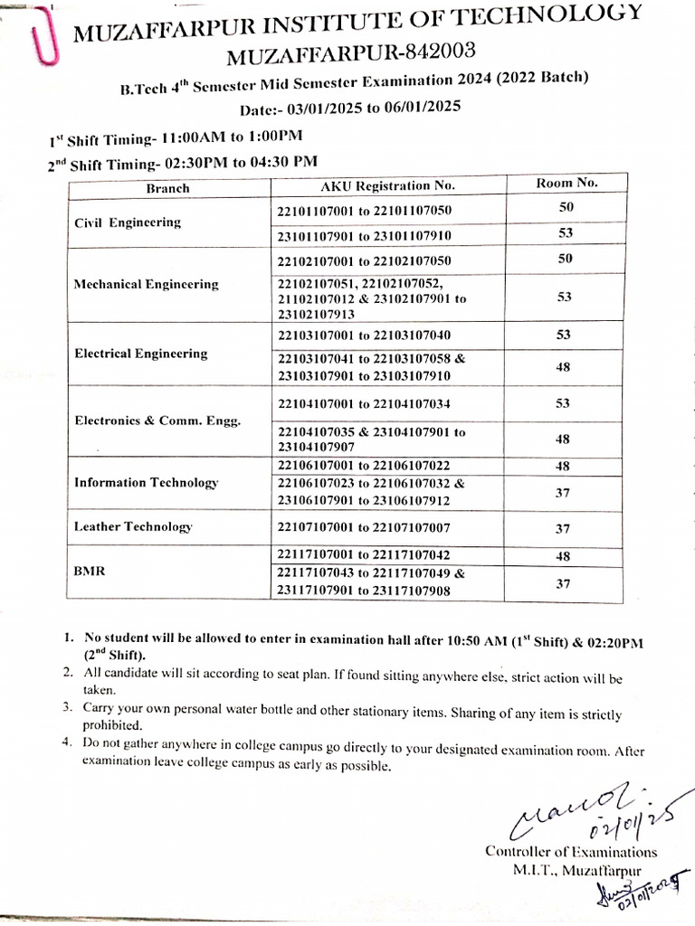Combined seat plan of B.Tech 4th sem MSE exam 2024 (2022 Batch) | PDF