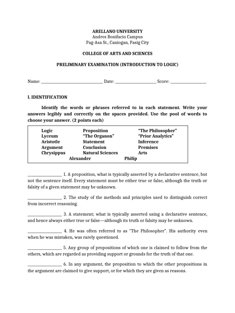 Prelims Intro to Logic 2025 | PDF | Argument | Logic