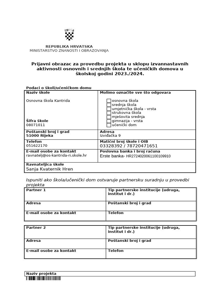 Prijavni Obrazac Za Provedbu Projekta Izvannastavnih Aktivnosti ...