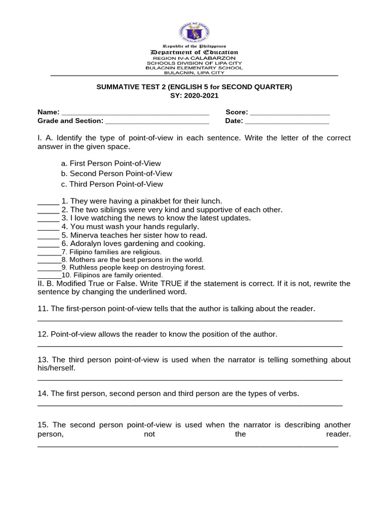 Summative Test English 5 2ND Quarter | PDF | Books