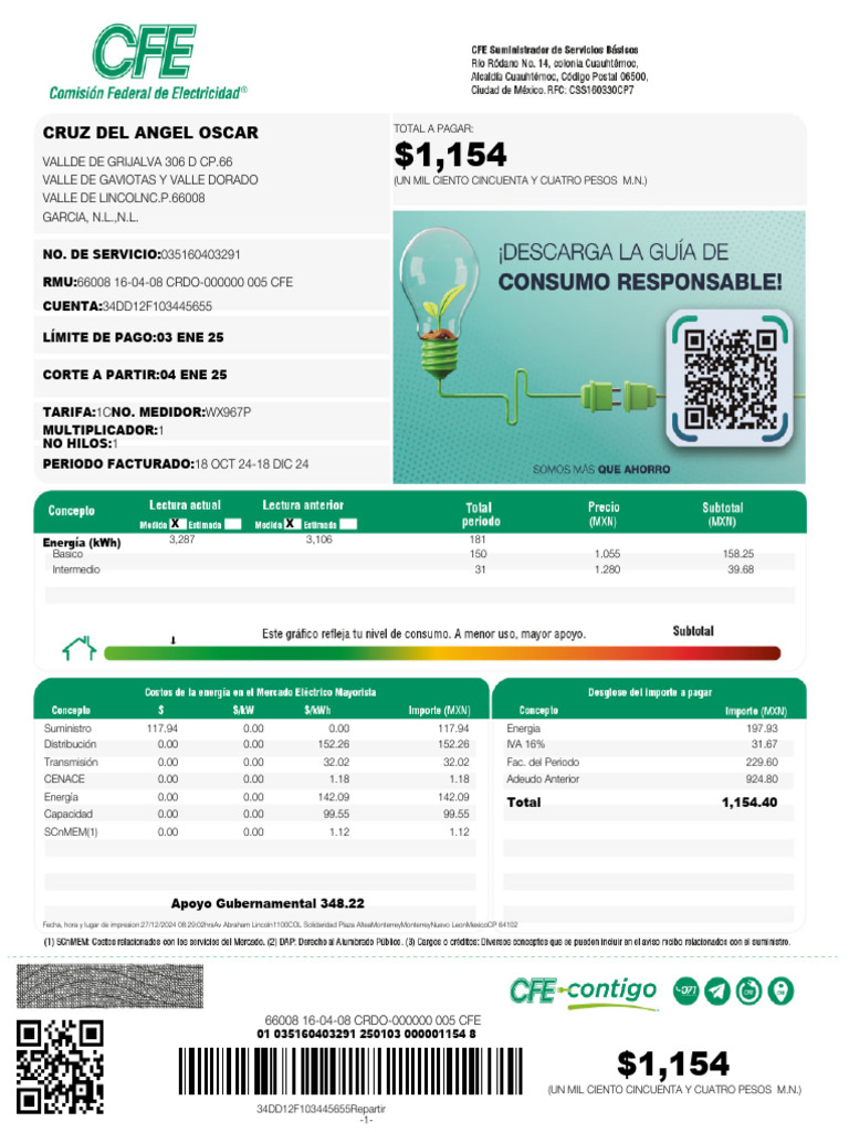 Factura de CFE: Detalles y Pago | PDF