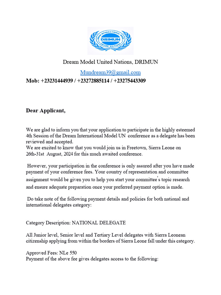 Dream Mun 2024 Delegate Confirmation | PDF | Sierra Leone
