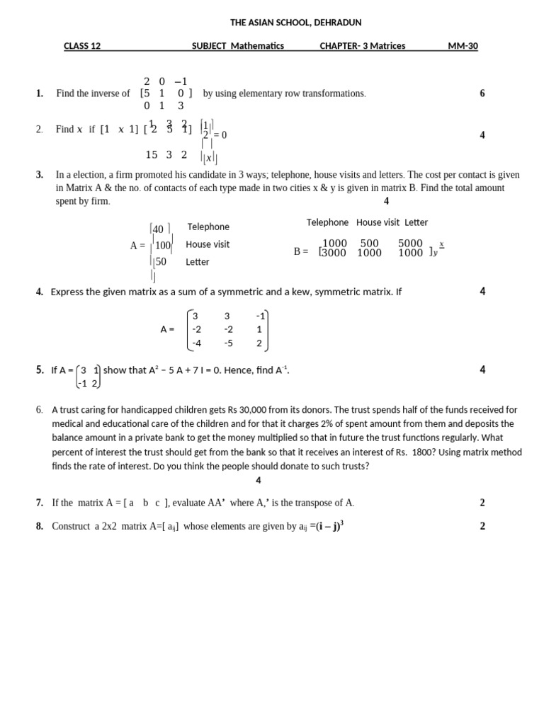 Asian School CBSE12 Matrices Sample Paper | PDF | Matrix (Mathematics ...