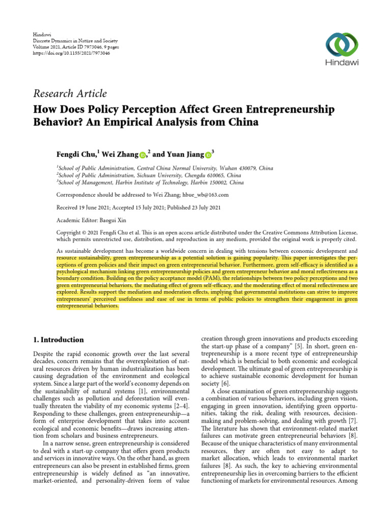 4how Does Policy Perception Affect Green Entrepreneurship Behavior? An ...