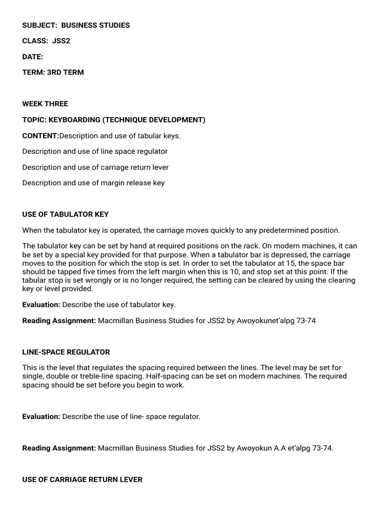 Keyboarding Techniques for JSS2 Students | PDF | Office Equipment ...