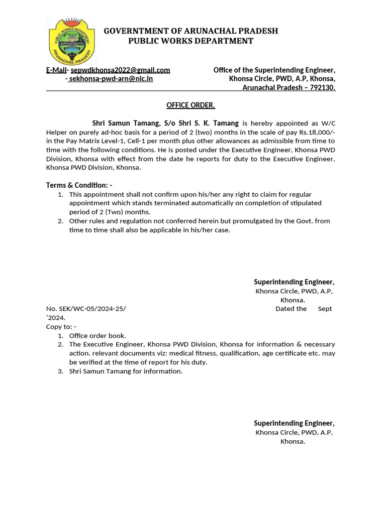 Appointment Order for W/C Helper | PDF