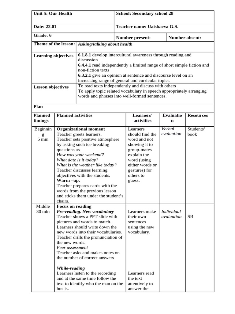 lessons plan 6 grade | PDF | Vocabulary | Learning