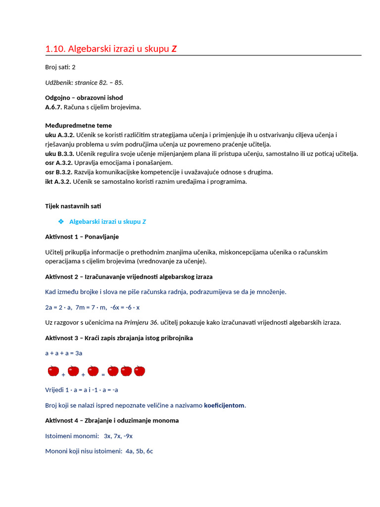1.10. Algebarski Izrazi U Skupu: Udžbenik: Stranice 82. - 85 | PDF