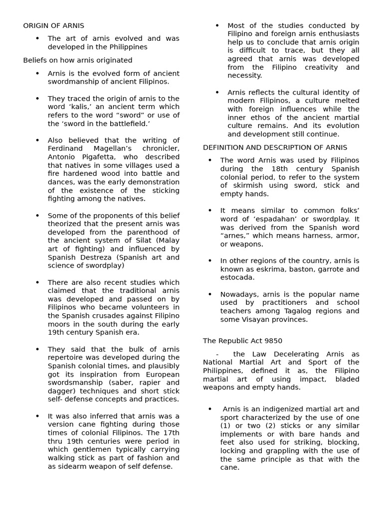 Physical Education 2 - Arnis | PDF | Swordsmanship