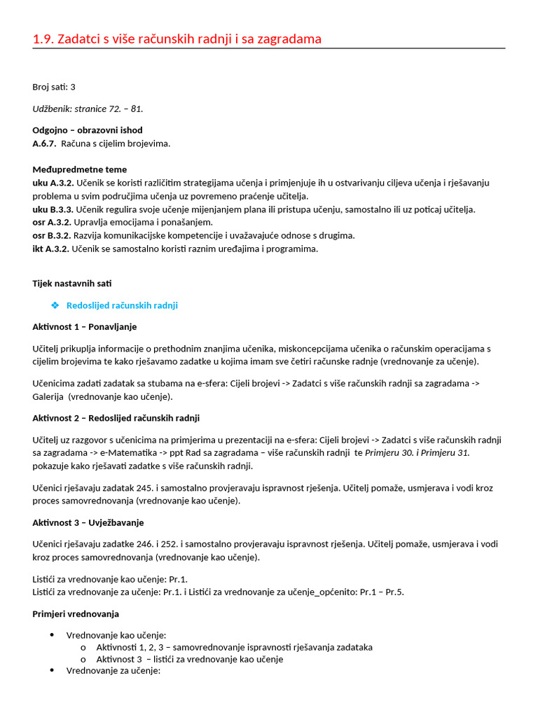 1.9. Zadatci S Više Računskih Radnji I Sa Zagradama: Udžbenik: Stranice 72. - 81 | PDF