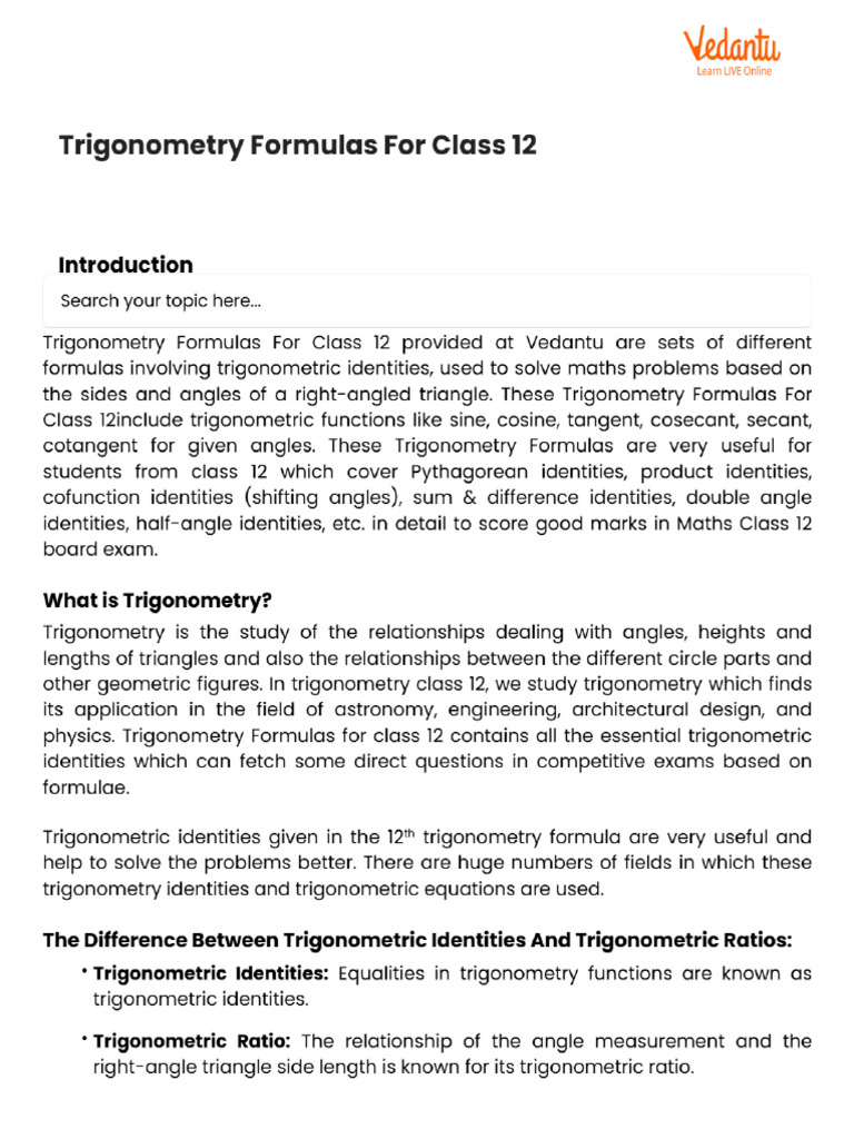 Trigonometry Formulas For Class 12 | PDF