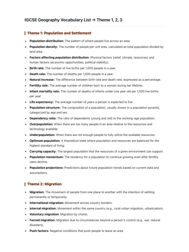 IGCSE Geography Vocabulary Overview | PDF | Volcano | Human Migration