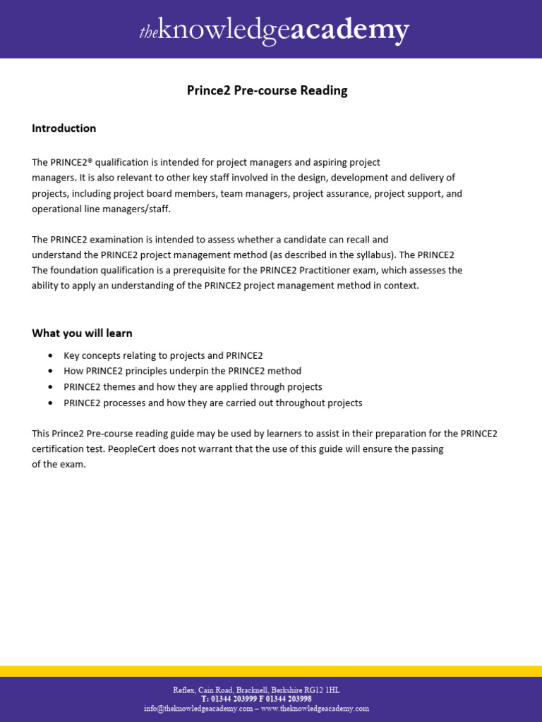 Prince2 Pre-Course Reading | PDF | Risk | Risk Management