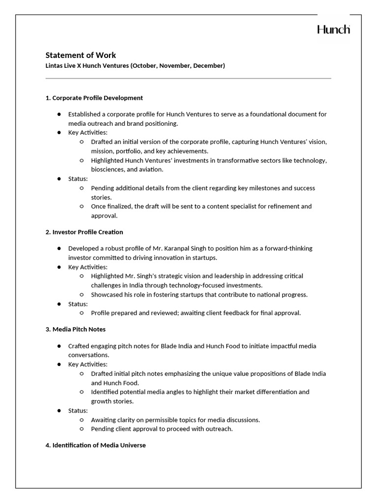 Statement of Work I Lintas Live X Hunch Ventures | PDF | Startup ...