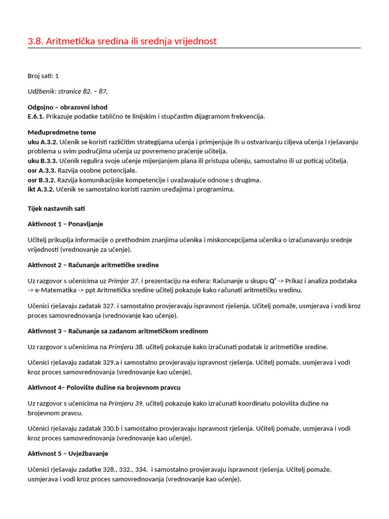 3.8. Aritmetička Sredina Ili Srednja Vrijednost: Udžbenik: Stranice 82 ...