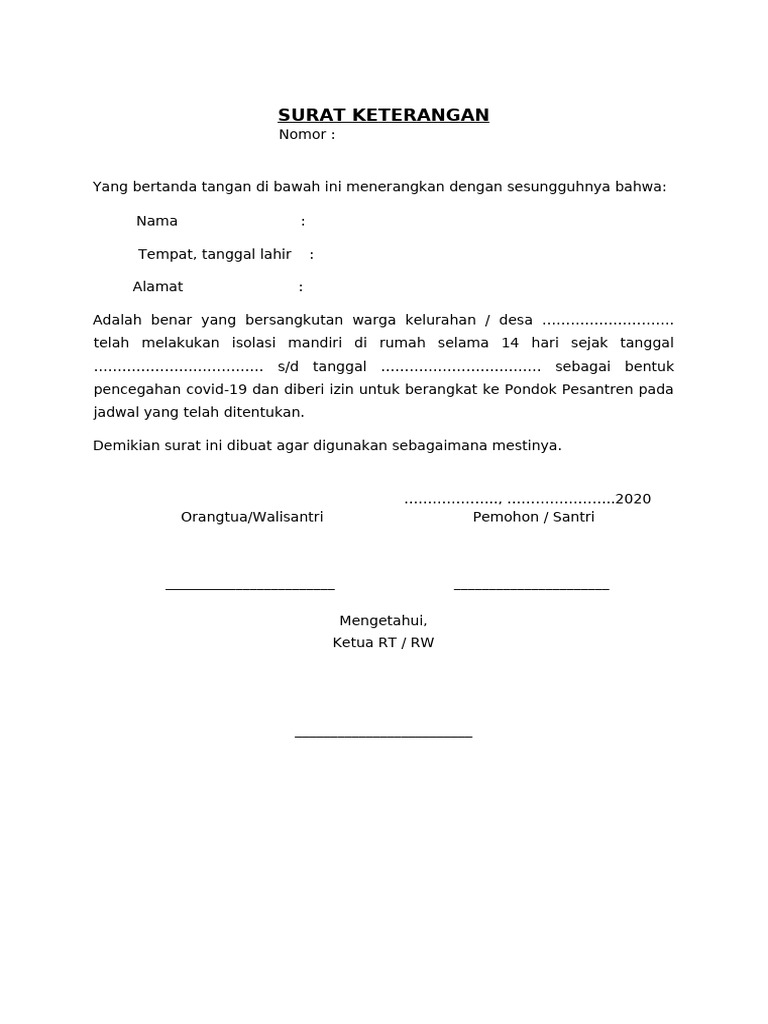 Surat Keterangan Dari RT RW & WALISANTRI | PDF