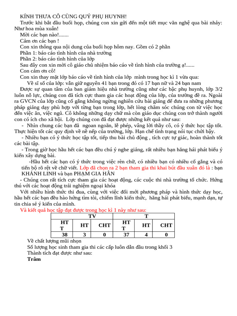 KỊCH BẢN HỌP PHỤ HUYNH DS | PDF